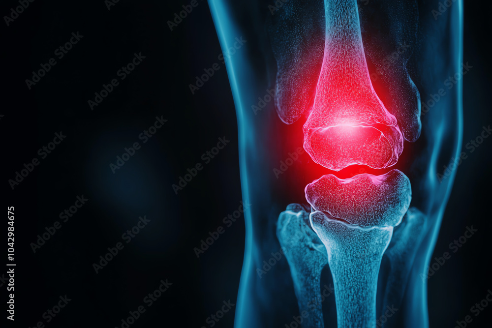Xray of a knee joint with red pain indicators, showing inflammation and ...