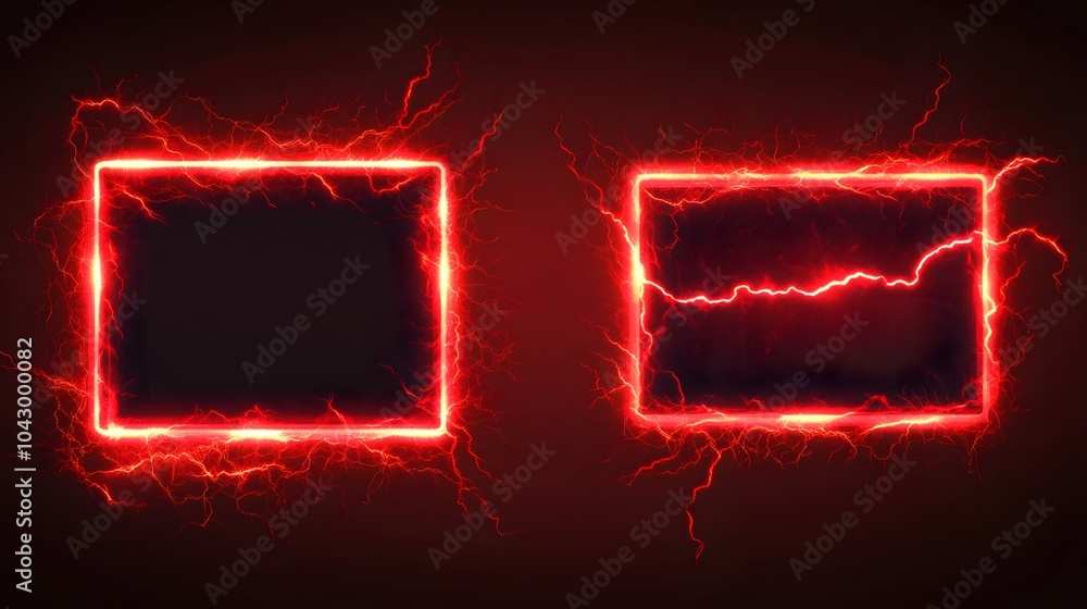 Lightning frames, red electric borders of rectangular and square shapes ...