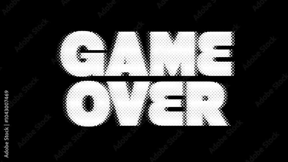 Game over text message animation on a black background with flickering ...