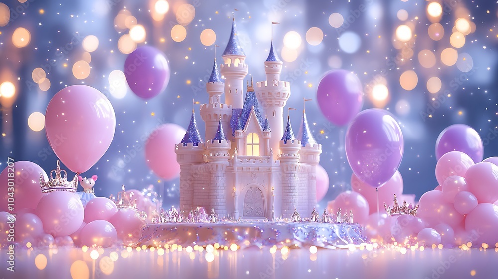 A fairy tale castle-themed birthday setup with princess decorations ...