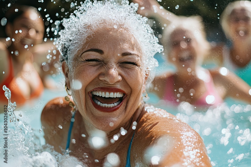 Joyful senior woman with friends splashing water and laughing in a ...