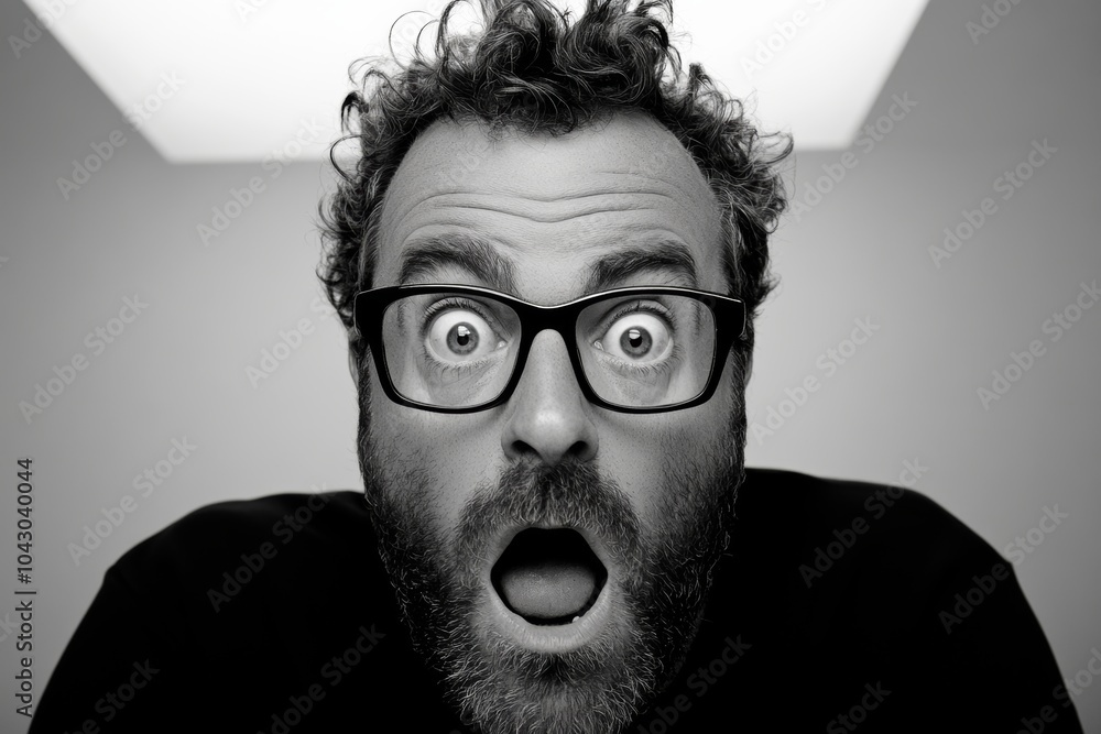 Man with glasses is staring at the camera. The man's eyes are wide open ...