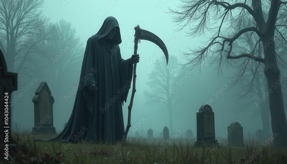 Grim reaper with a massive scythe standing tall in a foggy graveyard as ...