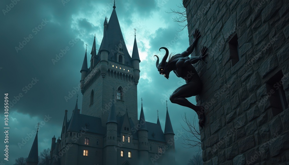 Horrific demon climbing the walls of a gothic castle as dark clouds ...