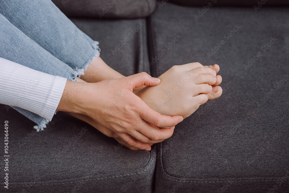 Close up of young woman hands scratch feet, itch foot, problem itchy ...