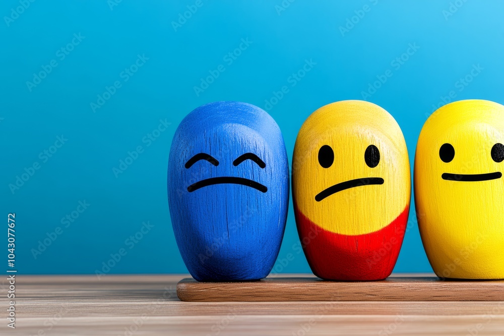 Three wooden faces with one blue and two yellow. blue face is sad and ...