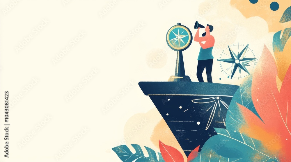 stylized entrepreneurship journey visual, figure looking through ...