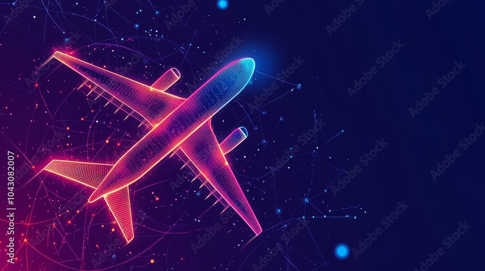 minimalist aviation network diagram, luminous airplane outlines ...