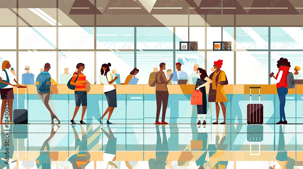 Passengers at airport check-in counter with luggage. Airport terminal ...