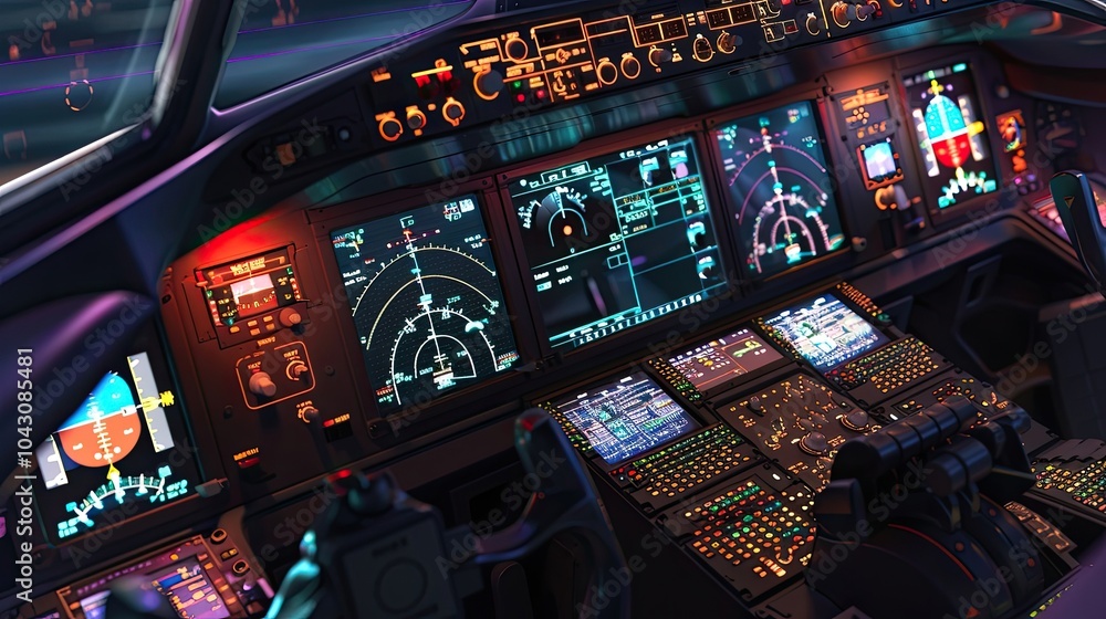Foto de Airplane cockpit with illuminated control panel and flight ...