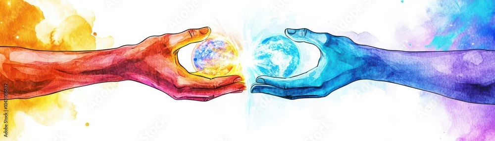 Hands reaching out from different planets through glowing portals ...