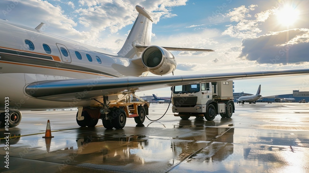 Airplane being refueled on wet tarmac under cloudy skies. Ground crew ...