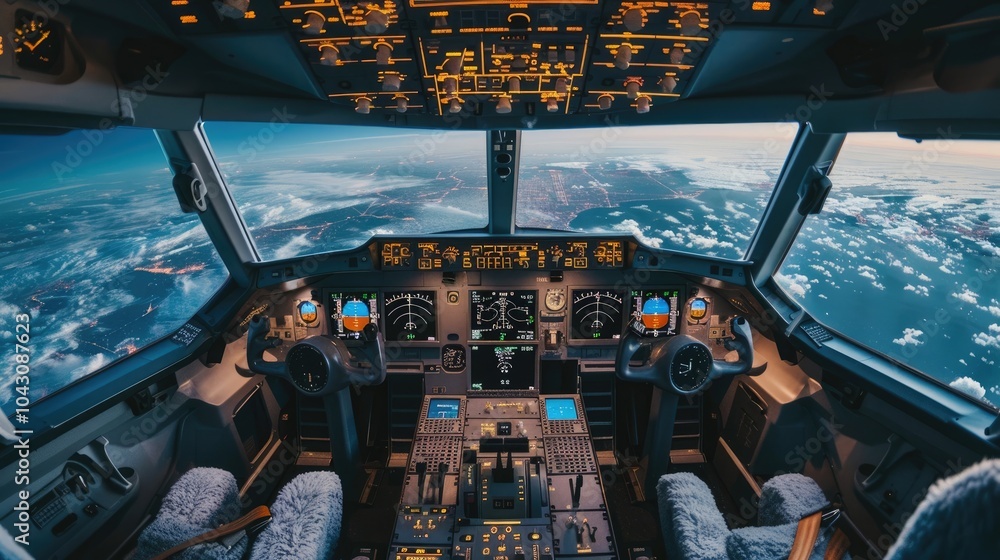 Illuminated airplane cockpit at night, showing detailed controls and ...