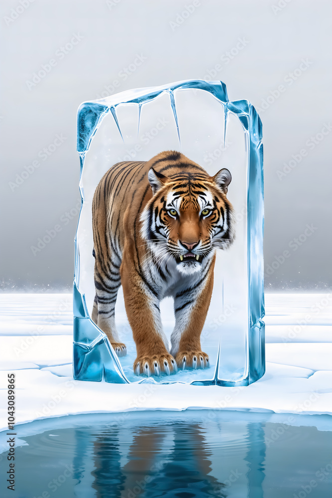 Tiger Emerging from Melting Ice, Climate Change's Impact on Habitats ...