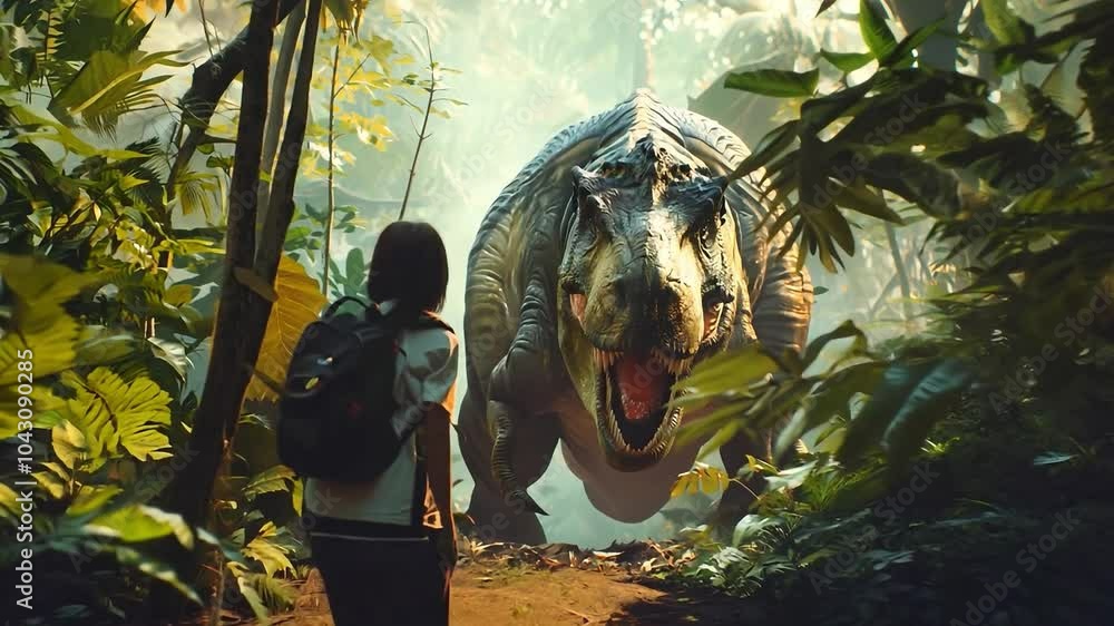 Tyrannosaurus rex dinosaur and a people. Dinosaur roaring in jungle ...