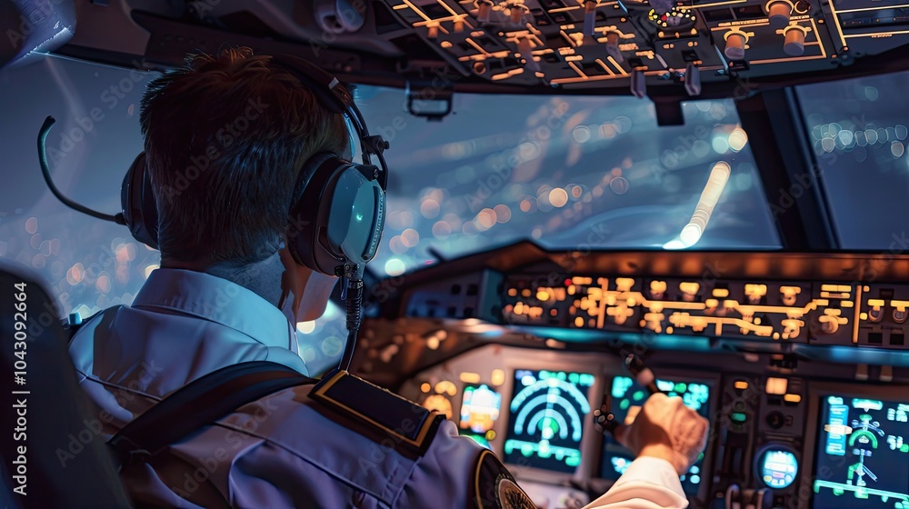Pilot in cockpit. A pilot flying an airplane, sitting in the cockpit ...