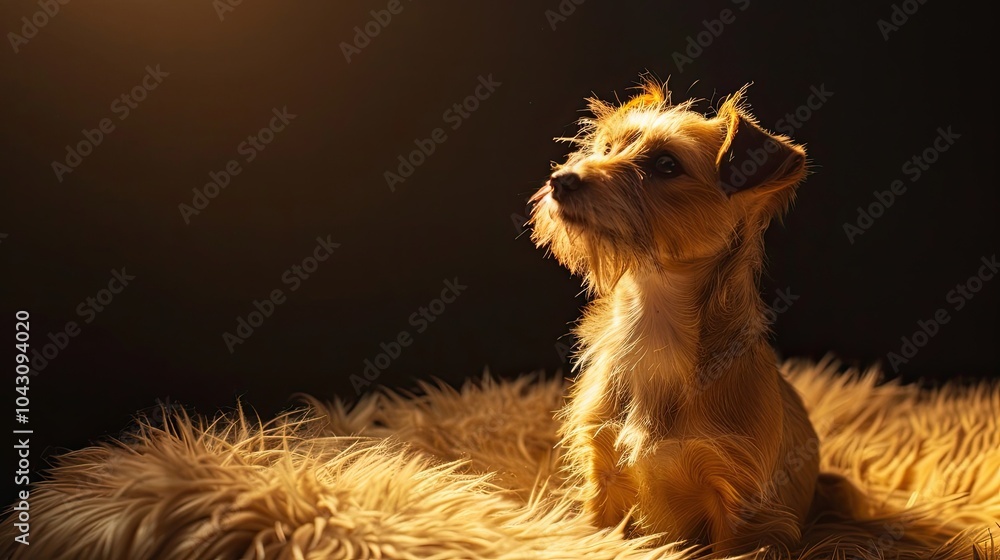 Close-up profile of a dog with light shining on its face against a dark ...