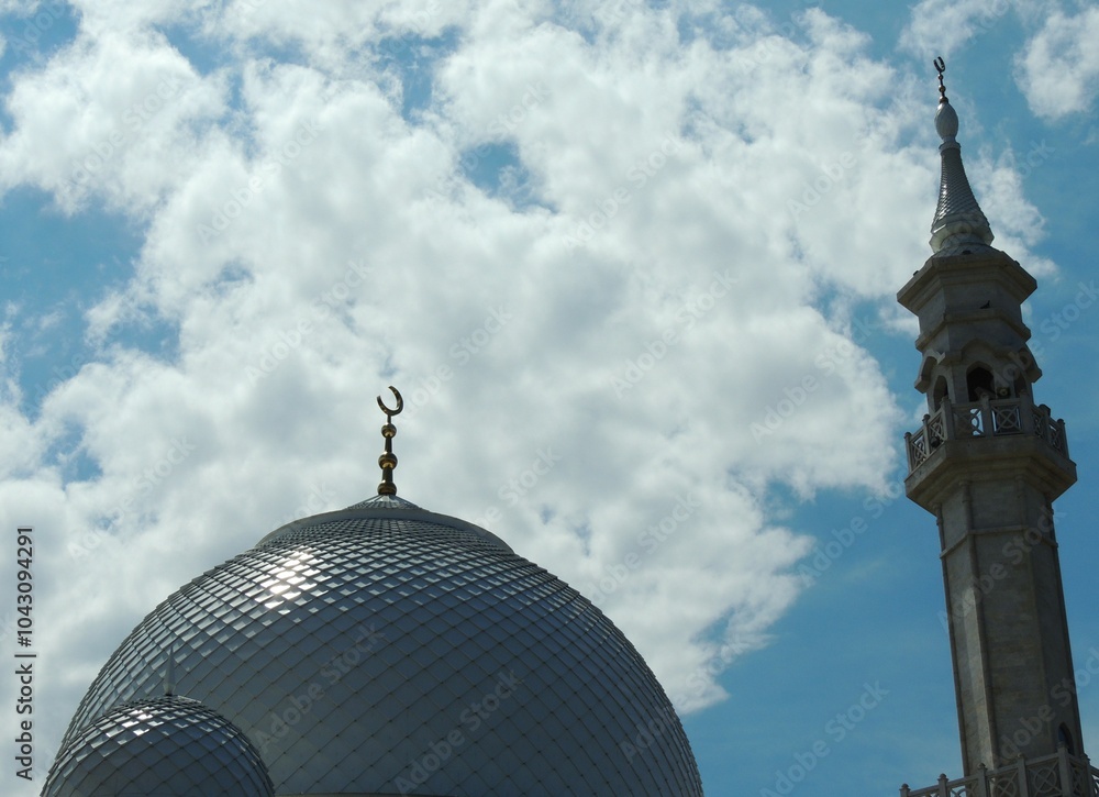 dome and tower in muslim architecture structure, upper part of mosque ...