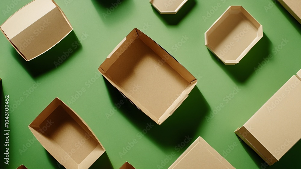 sustainable packaging flatlay, various shapes of recyclable takeout ...