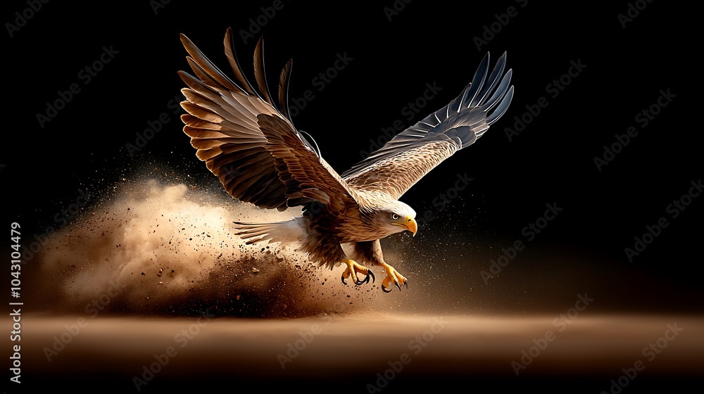 An aggressive, bald bird in flight over a rugged terrain, its wings ...