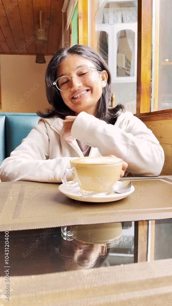 4K Vertical shot of Indian girl enjoying a coffee at a restaurant ...