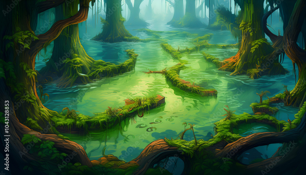 DnD battlemap featuring a toxic swamp with murky waters, poisonous ...