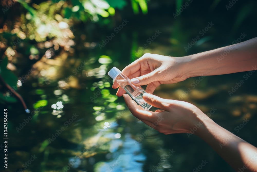 Minimalistic image of a person using a pfas testing kit by a water ...
