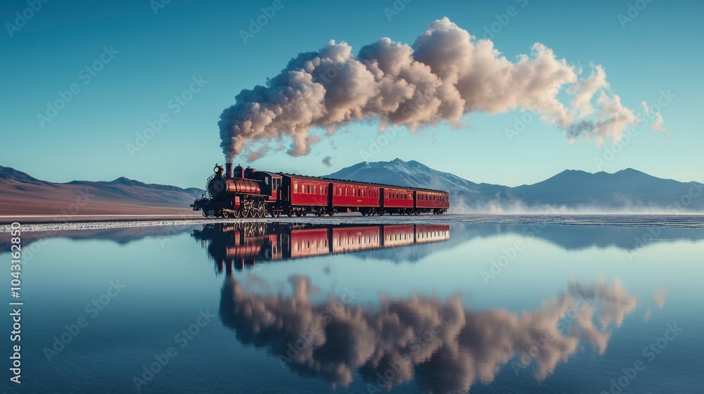 Red steam train crossing salar de uyuni salt flats in bolivia Stock ...