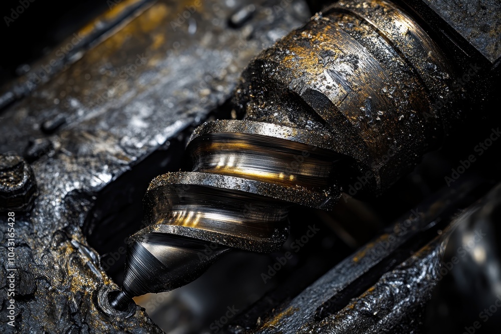 A detled close-up of a drill bit boring into a piece of metal, the ...