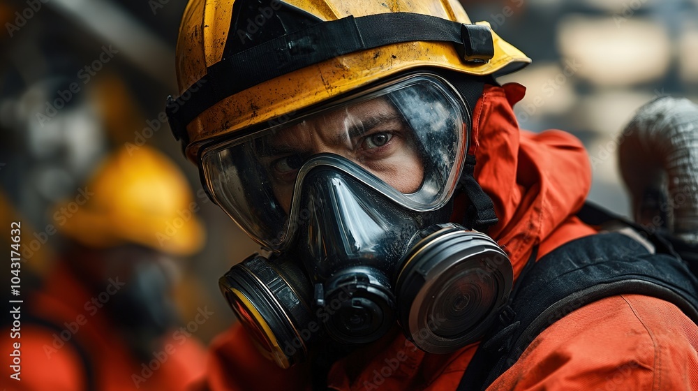 firefighter adjusting a specialized helmet with an air filtration ...