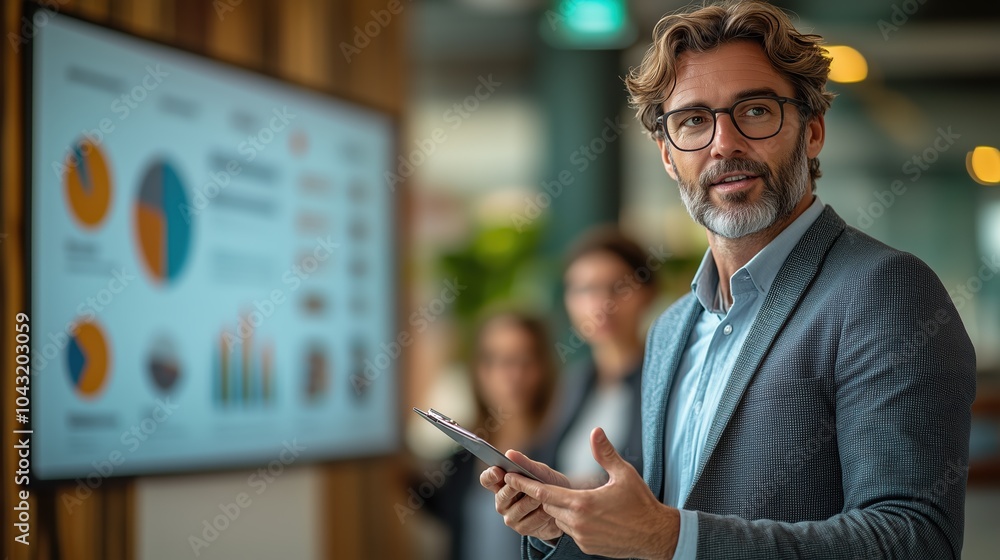 A job candidate stands confidently, presenting their skills and ...