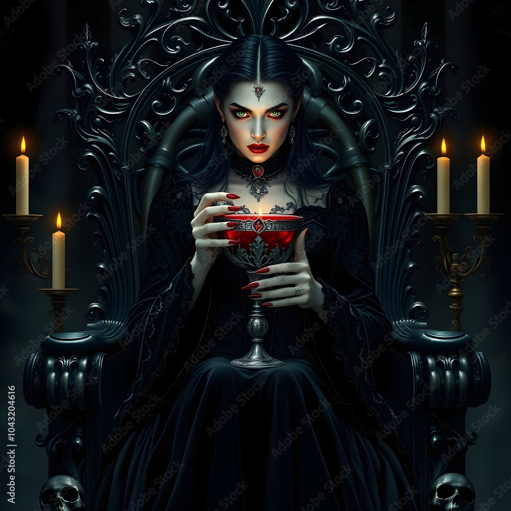 Gothic vampire queen seated on ornate throne holds chalice of blood ...