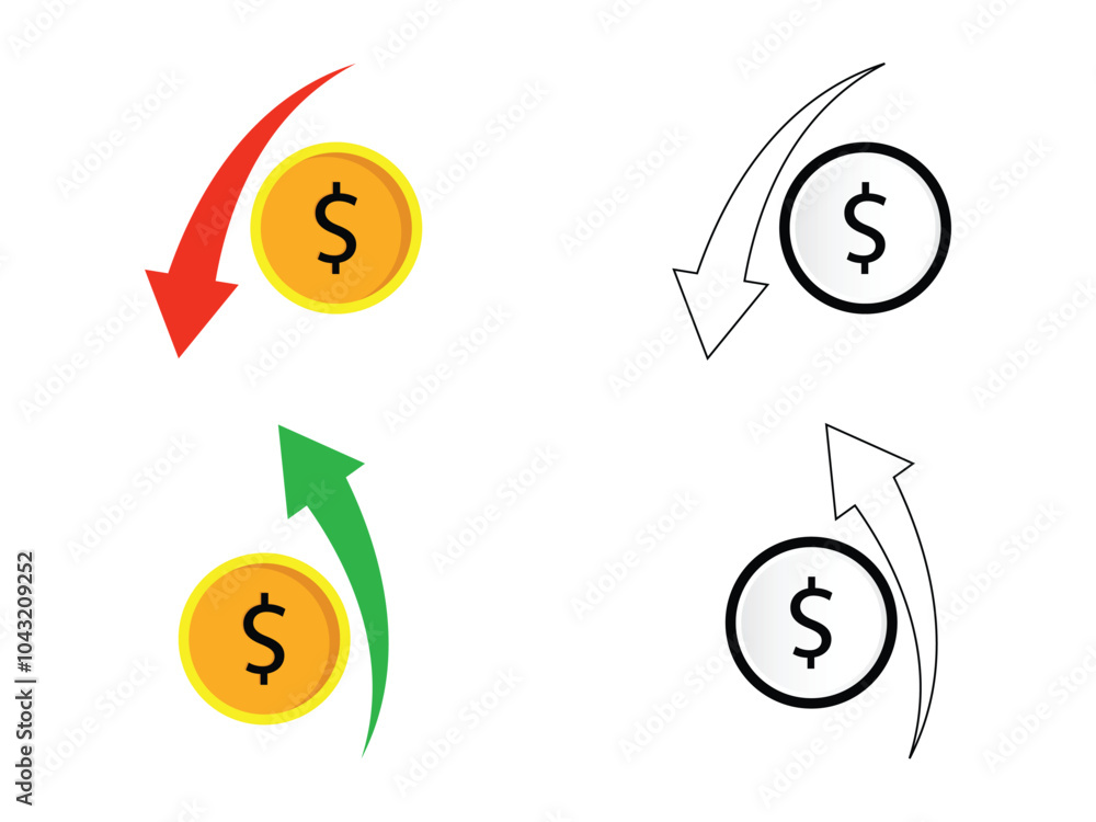 Dollar sign icon with up and down arrow in colors and black and white ...