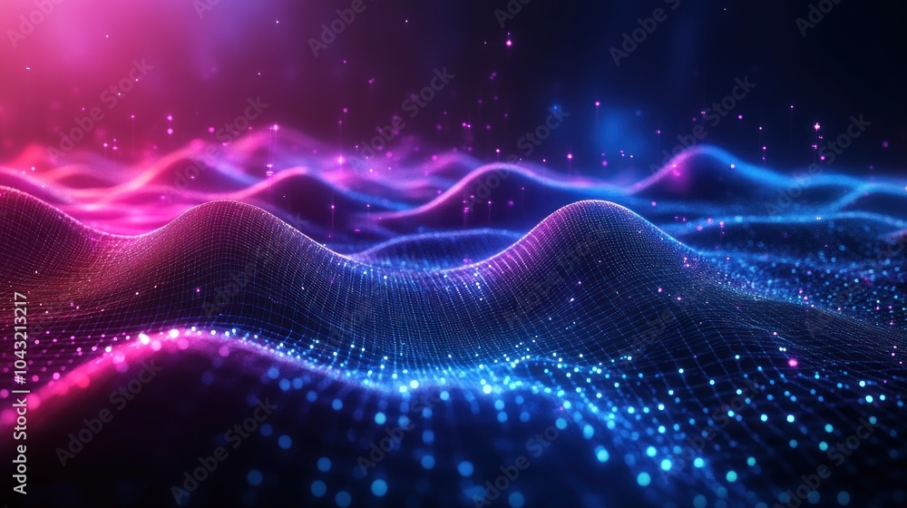 Abstract 3D digital landscape with glowing gridlines and floating ...