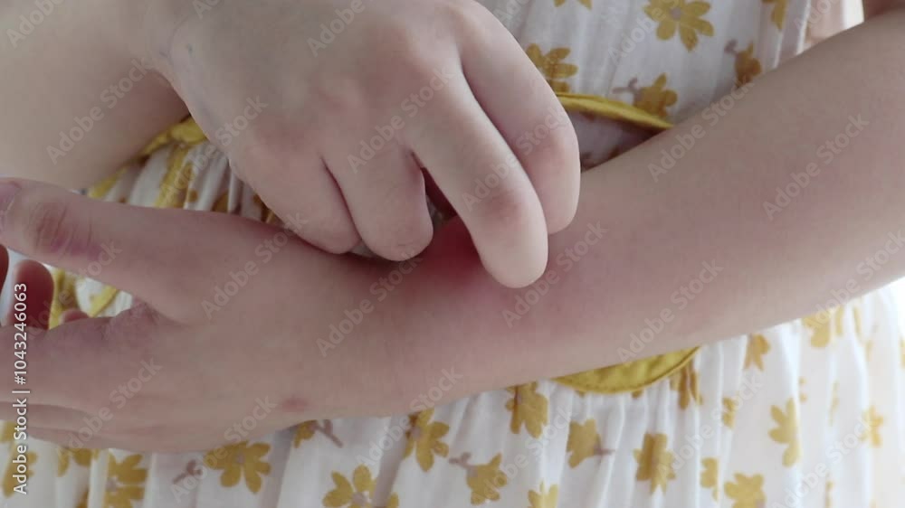Little girl has skin rash allergy itching and scratching on her arm ...