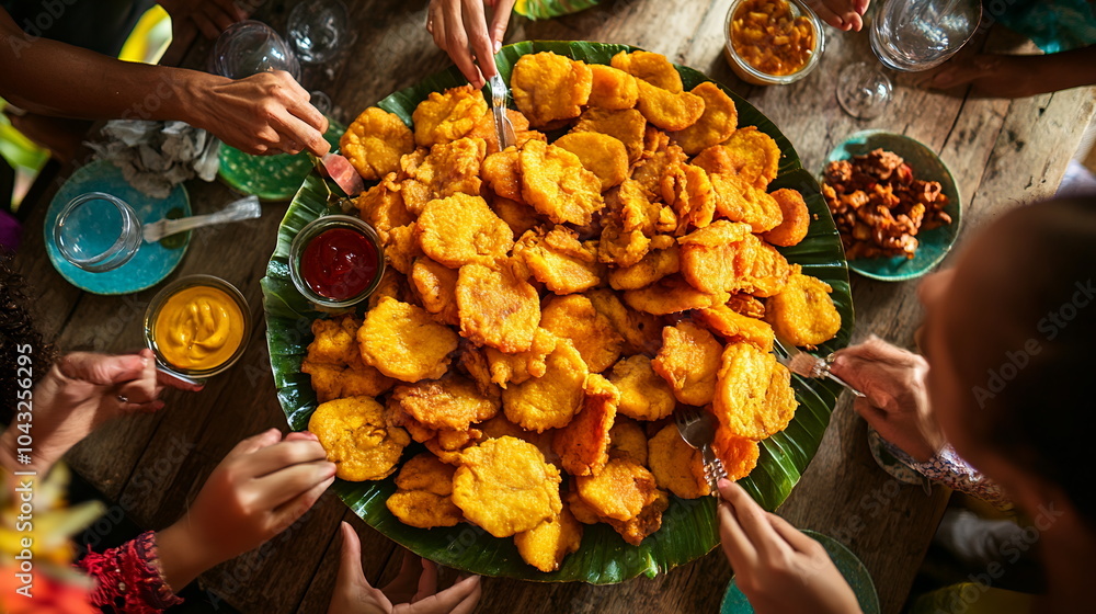 A diverse family sharing a large platter of Dominican tostones, twice ...