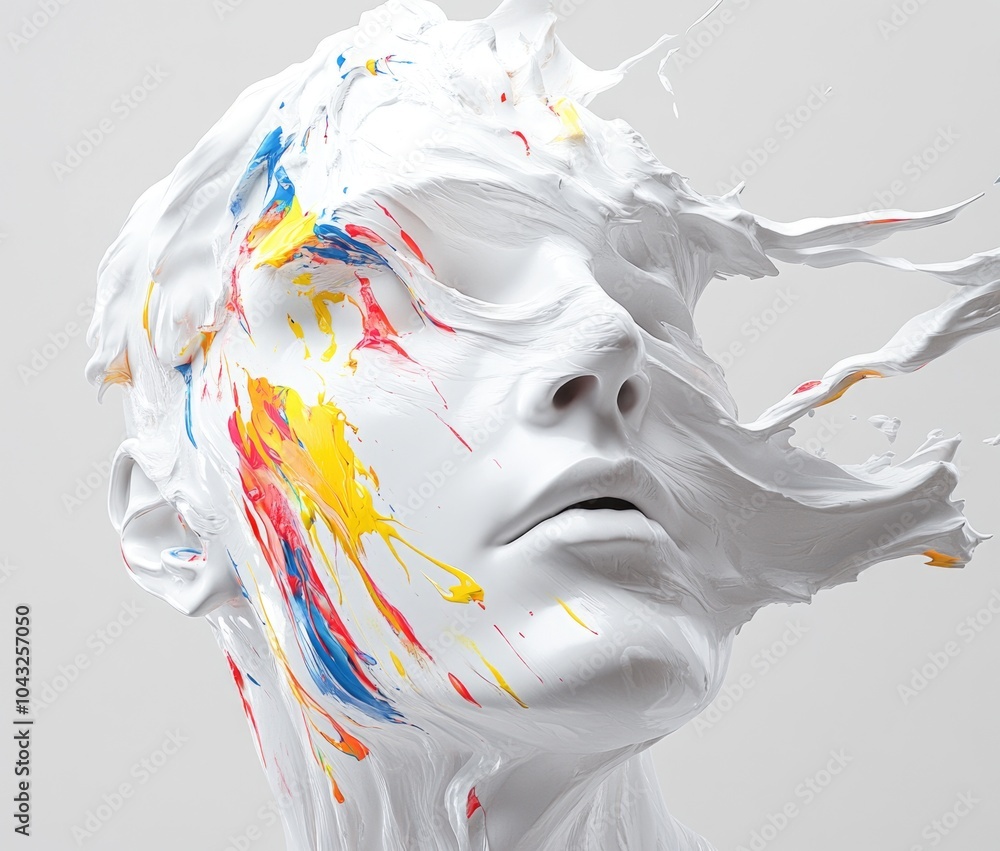Sculpture of an abstract human figure with colorful paint splashes on the face, against a white ...