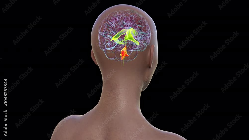 Anatomy of the fourth brain ventricle (highlighted in orange color), a ...