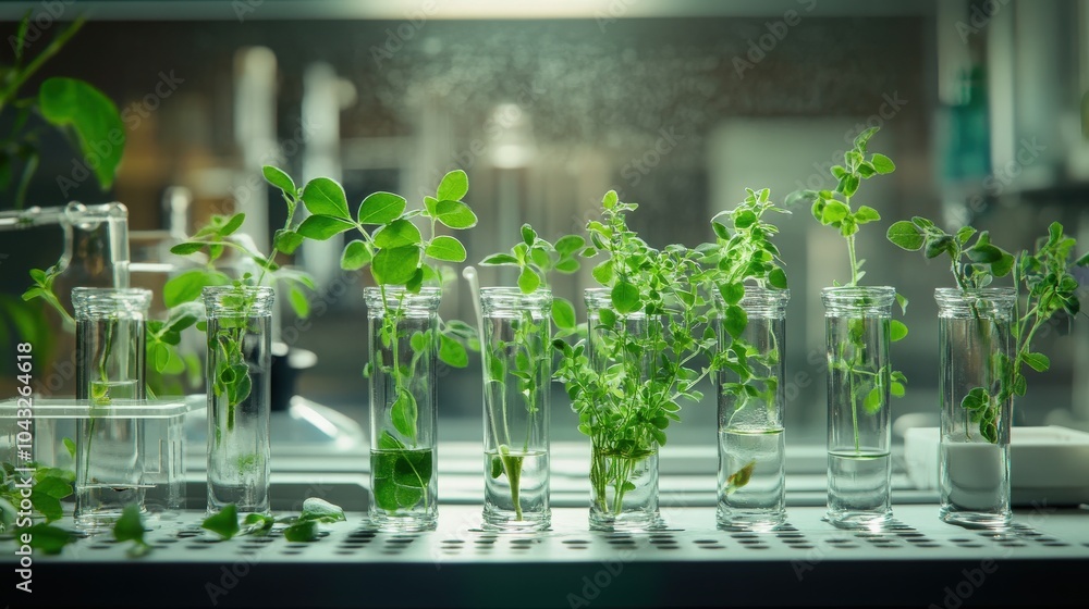 Pea plants in various stages of growth in Erlenmeyer flasks, displayed ...