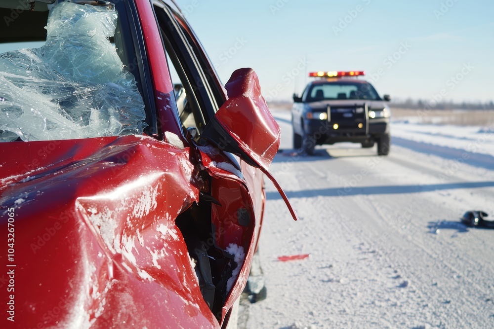 Emergency scene with crashed cars on an icy highway, police and ...