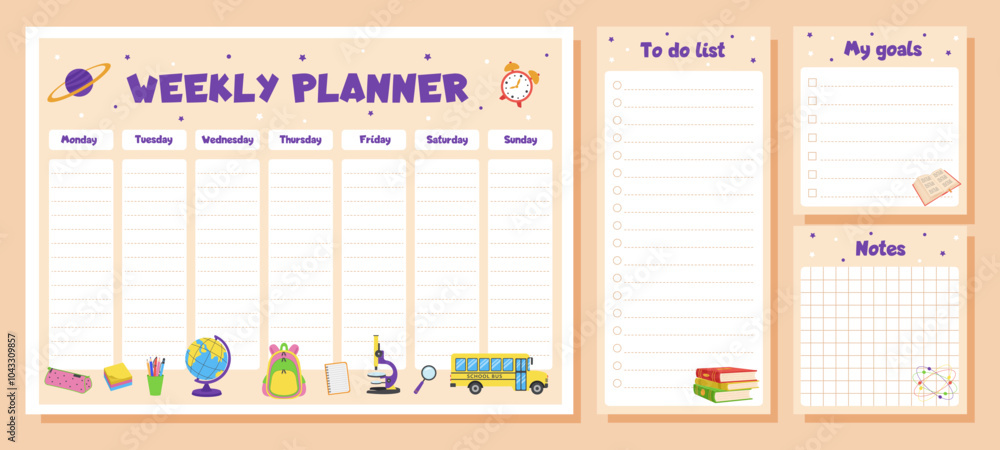 Weekly planner, to do list, notes, goals for children. School timetable ...