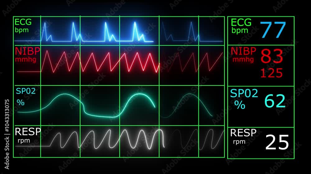 Heart rate monitor in hospital theater. Medical vital signs monitor ...