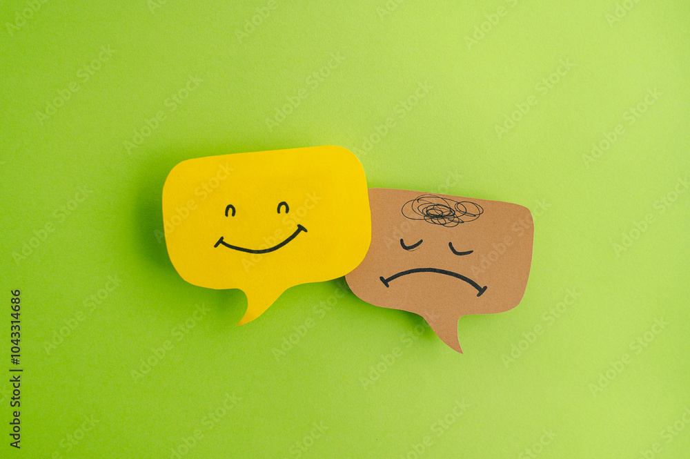 Poster Close-up of sad and happy face against light green wall – Wall ...