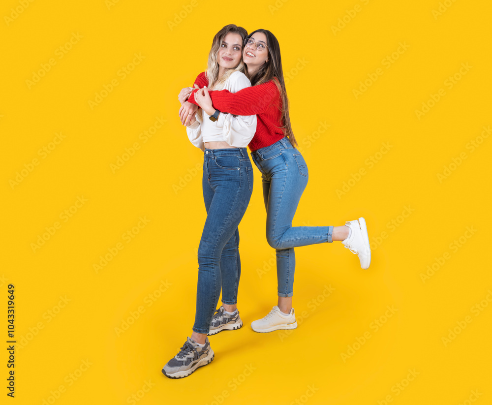 Cuddling best friends, full body length two caucasian women cuddling ...