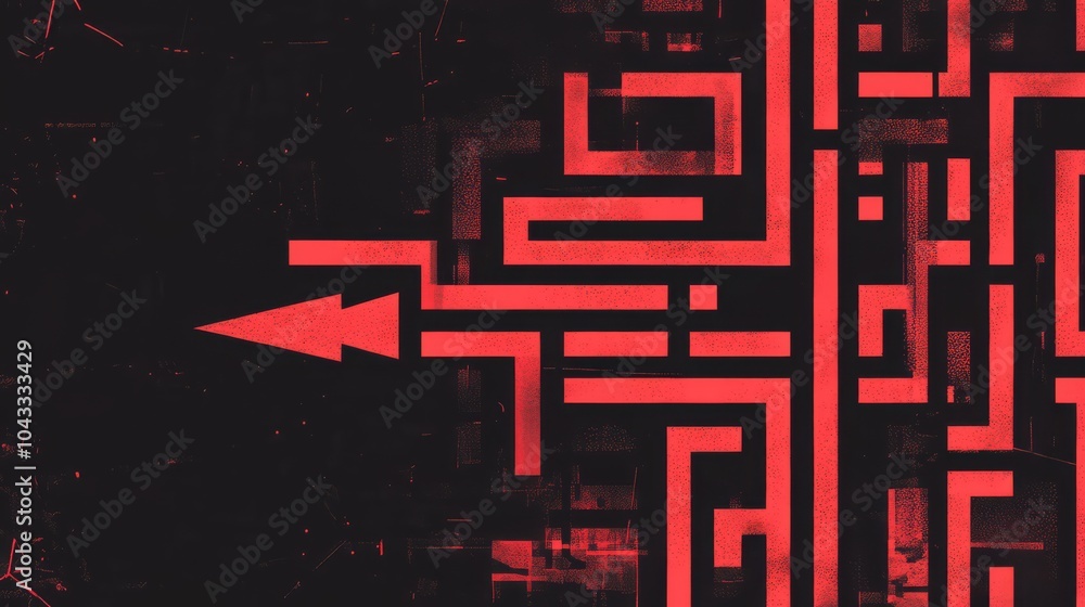 Red Arrow Through the Maze: A bold red arrow breaks through a labyrinth ...