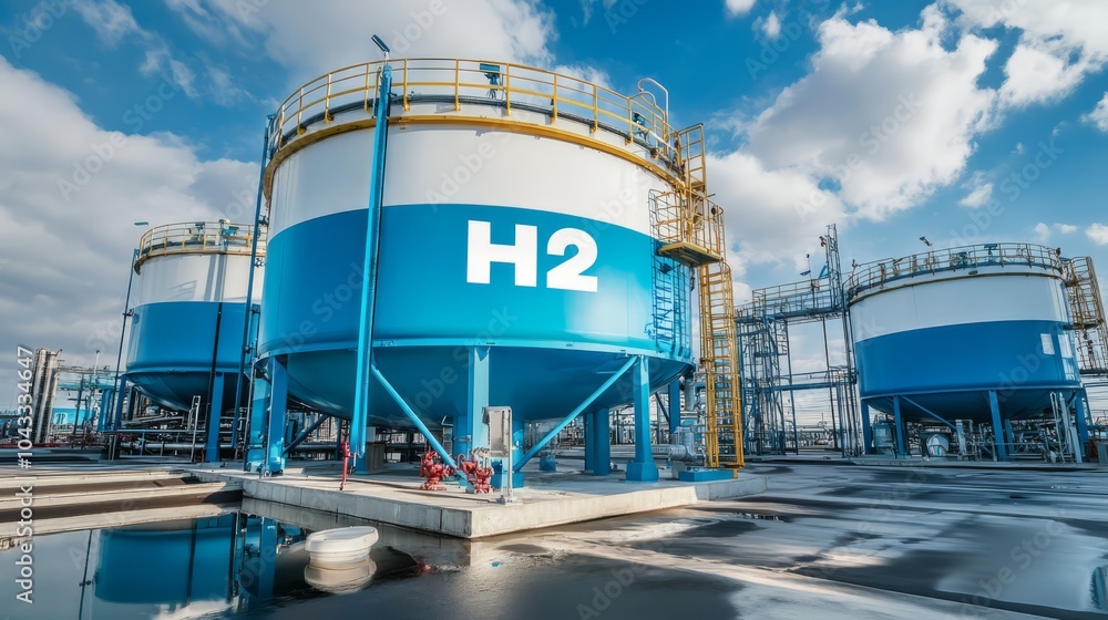 Large storage tanks with H2 and HYDROGEN labels on a blue sky ...
