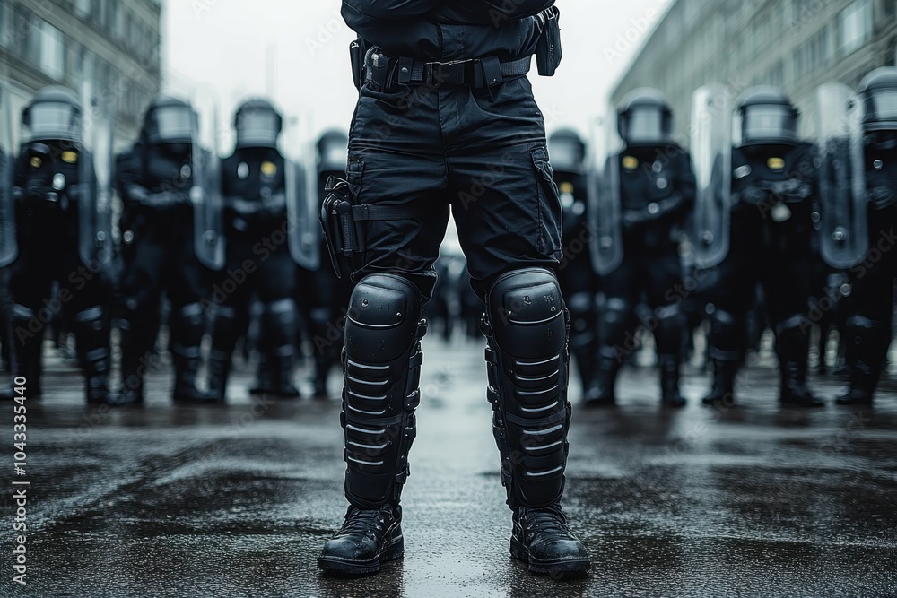 A person in black bloc attire standing with arms crossed, facing a line ...