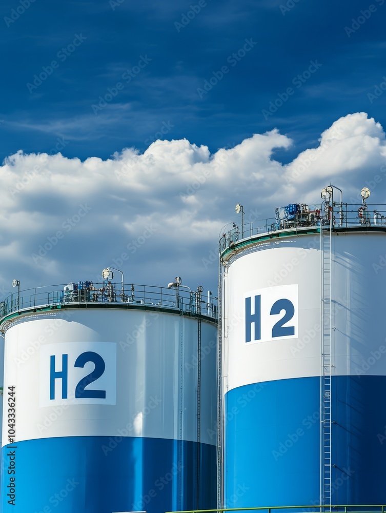 Large storage tanks with H2 and HYDROGEN labels on a blue sky ...