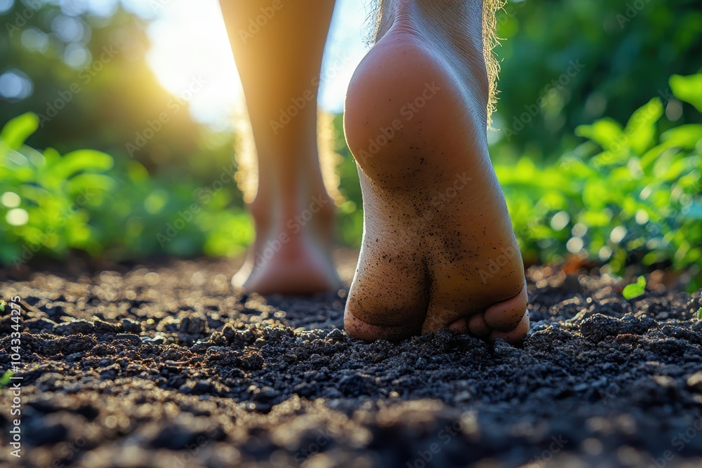 A close-up of a person’s feet on the ground, toes touching the earth ...