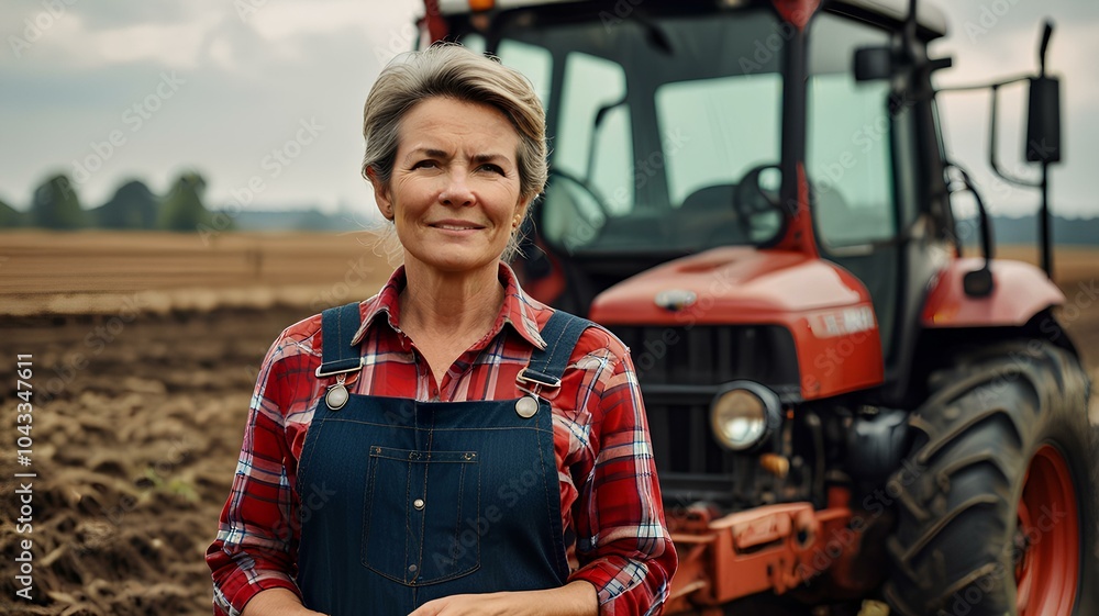 Mature female tractor driver and professional farmer. Strong leader and ...
